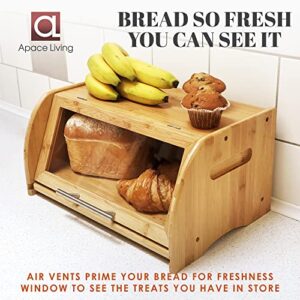 Apace Living Complet Stylish Bamboo Bread Box with Chopping Board for Kitchen Countertop, Extra Large Wooden Bread Storage with Window, Air Vents Keeps Bread, Bagels and Rolls Fresh