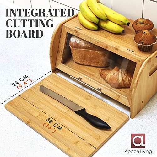 Apace Living Complet Stylish Bamboo Bread Box with Chopping Board for Kitchen Countertop, Extra Large Wooden Bread Storage with Window, Air Vents Keeps Bread, Bagels and Rolls Fresh