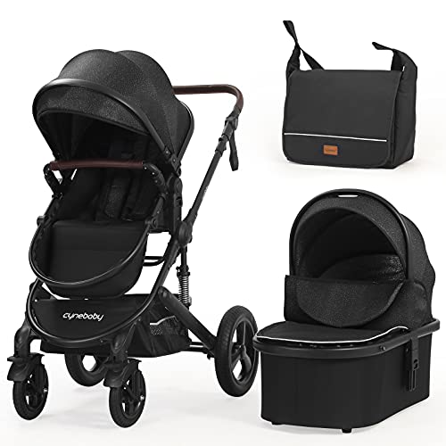 Newborn Infant Toddler Baby Stroller - Cynebaby 2 in 1 High Landscape Convertible Reversible Anti-Shock Bassinet Carriage Pram Stroller Add Cup Holder, Footmuff and Diaper Bag (Starry Night)