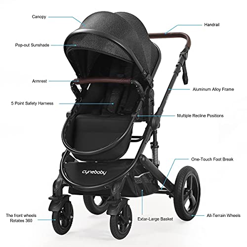 Newborn Infant Toddler Baby Stroller - Cynebaby 2 in 1 High Landscape Convertible Reversible Anti-Shock Bassinet Carriage Pram Stroller Add Cup Holder, Footmuff and Diaper Bag (Starry Night)