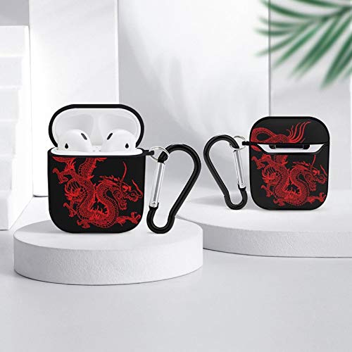 Red Chinese Dragon Airpods Case Cover for Apple AirPods 2&1 Cute Airpod Case for Boys Girls Silicone Protective Skin Airpods Accessories with Keychain