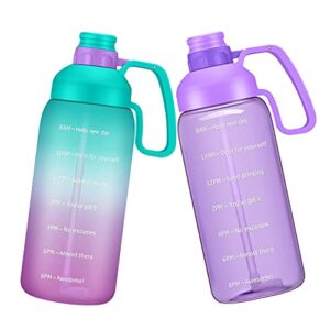 podocarpus 1+1 Large Half Gallon/64oz Water Bottle with Motivatioanl Time Marker and Straw, Leakproof Water Jug Ensure You Drink Daily Water Throughout The Fitness Day(Green/Purple & purple)