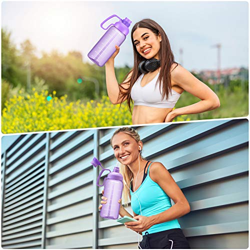 podocarpus 1+1 Large Half Gallon/64oz Water Bottle with Motivatioanl Time Marker and Straw, Leakproof Water Jug Ensure You Drink Daily Water Throughout The Fitness Day(Green/Purple & purple)