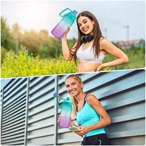 podocarpus 1+1 Large Half Gallon/64oz Water Bottle with Motivatioanl Time Marker and Straw, Leakproof Water Jug Ensure You Drink Daily Water Throughout The Fitness Day(Green/Purple & purple)