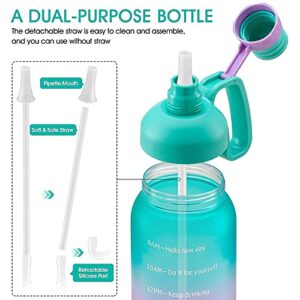 podocarpus 1+1 Large Half Gallon/64oz Water Bottle with Motivatioanl Time Marker and Straw, Leakproof Water Jug Ensure You Drink Daily Water Throughout The Fitness Day(Green/Purple & purple)