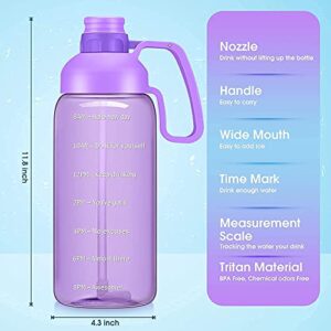 podocarpus 1+1 Large Half Gallon/64oz Water Bottle with Motivatioanl Time Marker and Straw, Leakproof Water Jug Ensure You Drink Daily Water Throughout The Fitness Day(Green/Purple & purple)