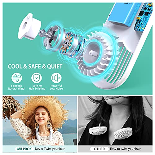 MILPROX F4 Portable Neck Fan,Rechargeable Hands Free Bladeless Personal Mini Fans,3 Speeds 70 Air Outlet, Adjustment Wearable Personal Cooling Fan for Traveling,Sports, Office-White