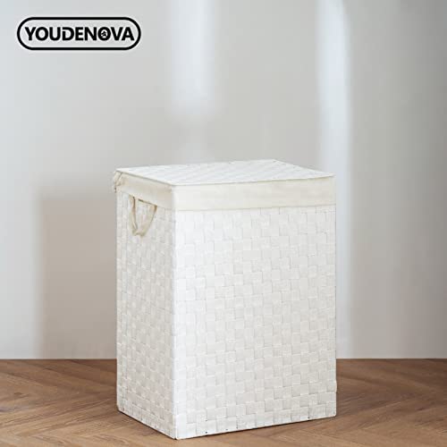 YOUDENOVA Handwoven Laundry Basket Hamper with Removable Bag and Lid, Collapsible Clothes Hamper with Handle, White