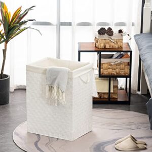 YOUDENOVA Handwoven Laundry Basket Hamper with Removable Bag and Lid, Collapsible Clothes Hamper with Handle, White