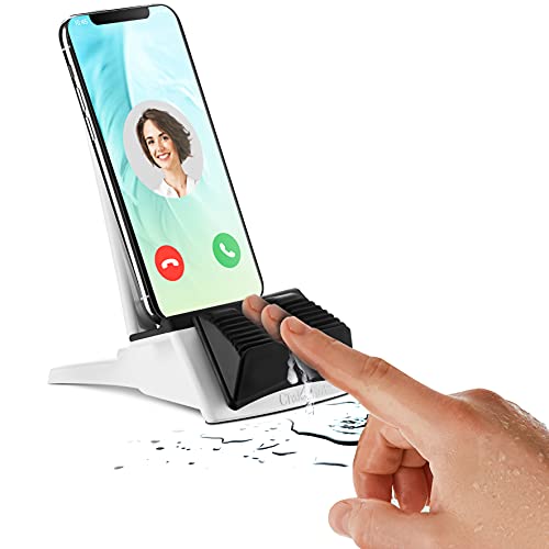 ChikChat Phone Stand/Tablet Holder with Silicone Finger Wiping Mat | Special Phone Holder for Desk to Keep Your Screen Clean | Great Handy iPad & iPhone Stand for Shower, Cooking, Painting and More