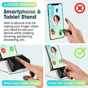 ChikChat Phone Stand/Tablet Holder with Silicone Finger Wiping Mat | Special Phone Holder for Desk to Keep Your Screen Clean | Great Handy iPad & iPhone Stand for Shower, Cooking, Painting and More