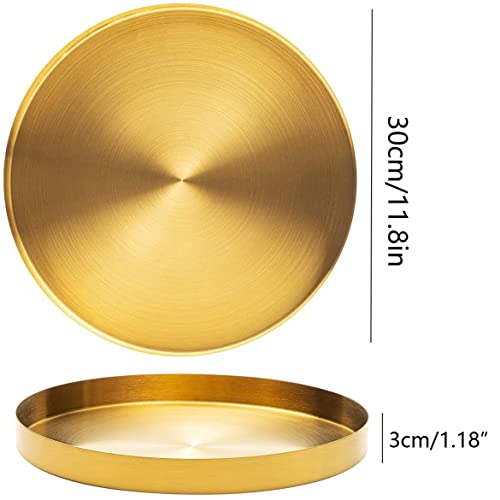 Exxacttorch 12 Inch Gold Round Metal Decorative Tray Stainless Steel Golden Serving Tray Brass Circle Table Platter Tray for Bathroom Vanity Counter Desktop Dinner Table