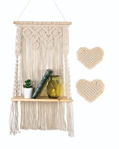 macrame wall hanging shelf, boho indoor woven plant shelf for wall decor. handmade natural cotton macrame wall shelf for plants. indoor plant hanger