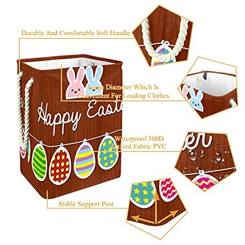 Inhomer Laundry Hamper Easter Bunny and Egg Wooden Background Collapsible Laundry Baskets Firm Washing Bin Clothes Storage Organization for Bathroom Bedroom Dorm