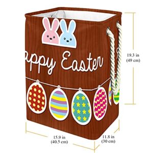 Inhomer Laundry Hamper Easter Bunny and Egg Wooden Background Collapsible Laundry Baskets Firm Washing Bin Clothes Storage Organization for Bathroom Bedroom Dorm