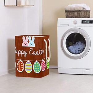 Inhomer Laundry Hamper Easter Bunny and Egg Wooden Background Collapsible Laundry Baskets Firm Washing Bin Clothes Storage Organization for Bathroom Bedroom Dorm