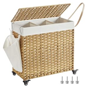 songmics laundry hamper with lid, 37 gallon (140l), rolling laundry basket with wheels, 3-section synthetic rattan laundry hamper, removable liner, bedroom, 26x13x26 inches, natural ulcb363n01