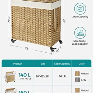 SONGMICS Laundry Hamper with Lid, 37 Gallon (140L), Rolling Laundry Basket with Wheels, 3-Section Synthetic Rattan Laundry Hamper, Removable Liner, Bedroom, 26x13x26 Inches, Natural ULCB363N01