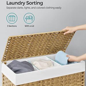 SONGMICS Laundry Hamper with Lid, 37 Gallon (140L), Rolling Laundry Basket with Wheels, 3-Section Synthetic Rattan Laundry Hamper, Removable Liner, Bedroom, 26x13x26 Inches, Natural ULCB363N01