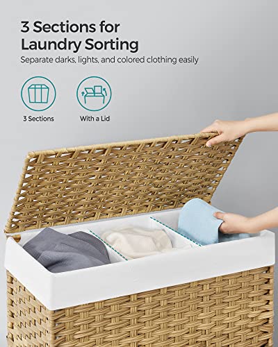 SONGMICS Laundry Hamper with Lid, 37 Gallon (140L), Rolling Laundry Basket with Wheels, 3-Section Synthetic Rattan Laundry Hamper, Removable Liner, Bedroom, 26x13x26 Inches, Natural ULCB363N01