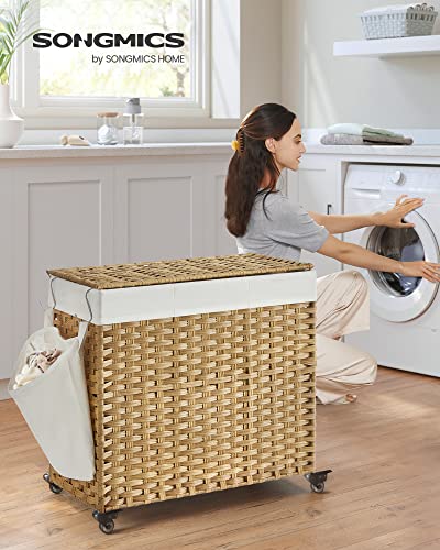 SONGMICS Laundry Hamper with Lid, 37 Gallon (140L), Rolling Laundry Basket with Wheels, 3-Section Synthetic Rattan Laundry Hamper, Removable Liner, Bedroom, 26x13x26 Inches, Natural ULCB363N01