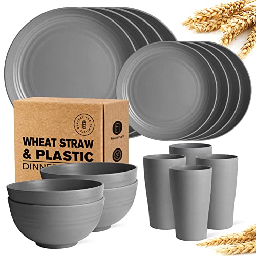 Teivio 16-Piece Kitchen Plastic Wheat Straw Dinnerware Set, Service for 4, Dinner Plates, Dessert Plate, Cereal Bowls, Cups, Unbreakable Plastic Outdoor Camping Dishes, Grey