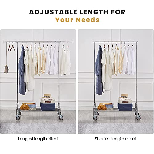 LiaMeE Heavy Duty Clothing Racks for Hanging Clothes, Adjustable Rolling Commercial Garment Rail on Wheels, Free Standing Standard Rod & Shelf for Wardrobe Organization, Chrome Plated