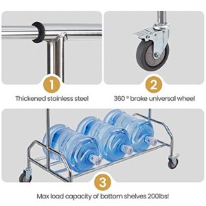 LiaMeE Heavy Duty Clothing Racks for Hanging Clothes, Adjustable Rolling Commercial Garment Rail on Wheels, Free Standing Standard Rod & Shelf for Wardrobe Organization, Chrome Plated