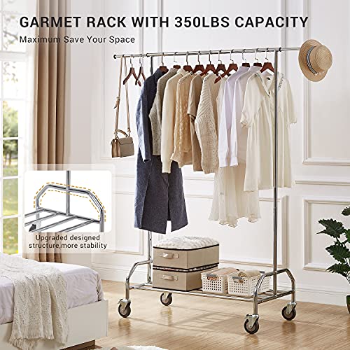 LiaMeE Heavy Duty Clothing Racks for Hanging Clothes, Adjustable Rolling Commercial Garment Rail on Wheels, Free Standing Standard Rod & Shelf for Wardrobe Organization, Chrome Plated