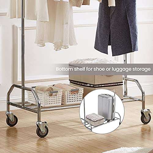 LiaMeE Heavy Duty Clothing Racks for Hanging Clothes, Adjustable Rolling Commercial Garment Rail on Wheels, Free Standing Standard Rod & Shelf for Wardrobe Organization, Chrome Plated