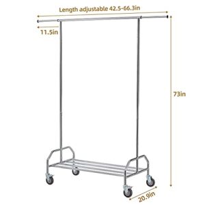 LiaMeE Heavy Duty Clothing Racks for Hanging Clothes, Adjustable Rolling Commercial Garment Rail on Wheels, Free Standing Standard Rod & Shelf for Wardrobe Organization, Chrome Plated