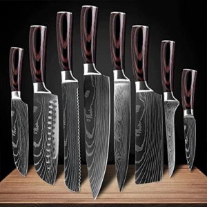 senken 8-piece premium japanese kitchen knife set with laser damascus pattern - imperial collection - chef's knife, santoku knife, bread knife, paring knife & more, ultra sharp for very fast cutting