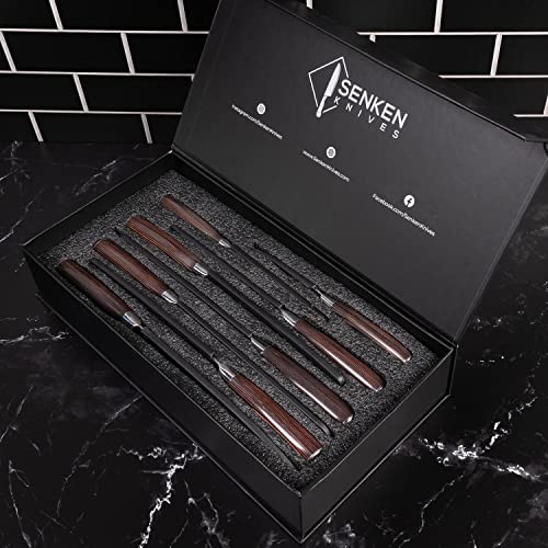 SENKEN 8-piece Premium Japanese Kitchen Knife Set with Laser Damascus Pattern - Imperial Collection - Chef's Knife, Santoku Knife, Bread Knife, Paring Knife & More, Ultra Sharp for Very Fast Cutting