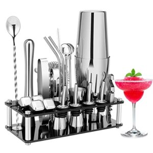 cocktail shaker set, 23-piece boston stainless steel bartender kit with acrylic stand & cocktail recipes booklet, professional bar tools for drink mixing, home, bar, party (include 4 whiskey stones)