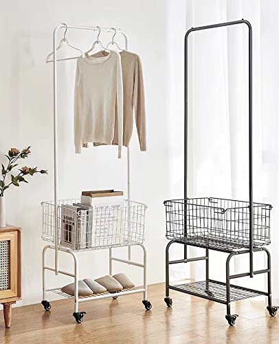 easy moved garment rack with basket for organize, laundry basket, white metal rack,