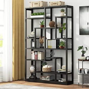 tribesigns black bookshelf 47” bookcase 9 tier tall book shelf rustic geometric bookcase display shelf organizer with open storage shelf for living room, industrial wood metal bookshelf for office