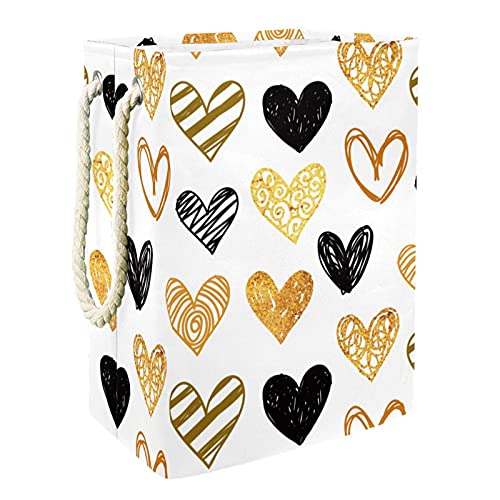 Inhomer Laundry Hamper Hand Painted Golden Black Hearts Collapsible Laundry Baskets Firm Washing Bin Clothes Storage Organization for Bathroom Bedroom Dorm