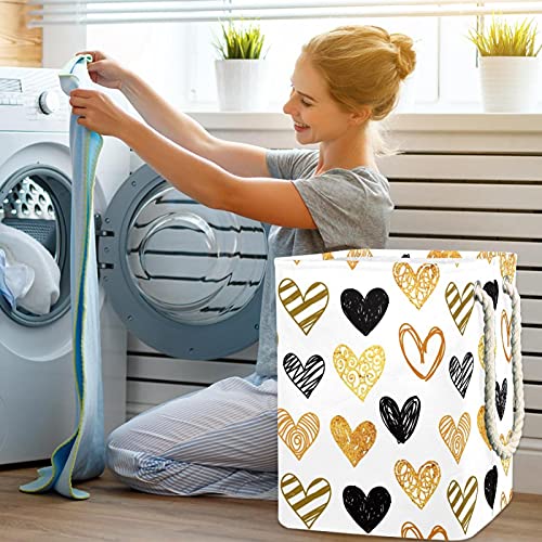 Inhomer Laundry Hamper Hand Painted Golden Black Hearts Collapsible Laundry Baskets Firm Washing Bin Clothes Storage Organization for Bathroom Bedroom Dorm