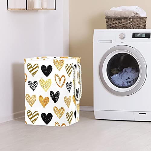 Inhomer Laundry Hamper Hand Painted Golden Black Hearts Collapsible Laundry Baskets Firm Washing Bin Clothes Storage Organization for Bathroom Bedroom Dorm