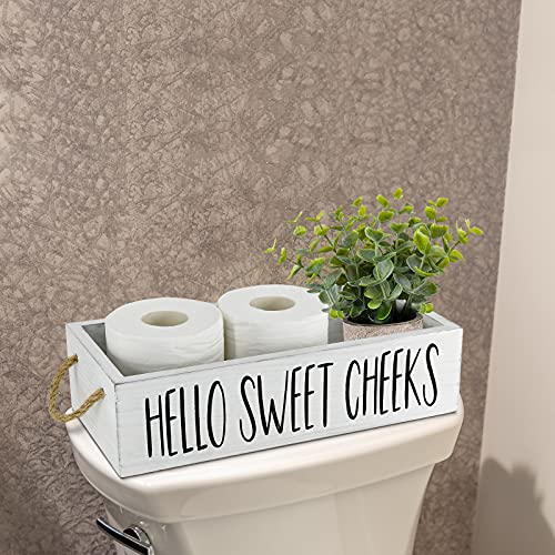 Bathroom Decor Box 2 Sides Funny Toilet Paper Holder Wood Tank Box Over Toilet Paper Storage Basket with Rope Handle Rustic Bathroom Paper Organizer Box with Funny Sign Farmhouse Home Decor Box