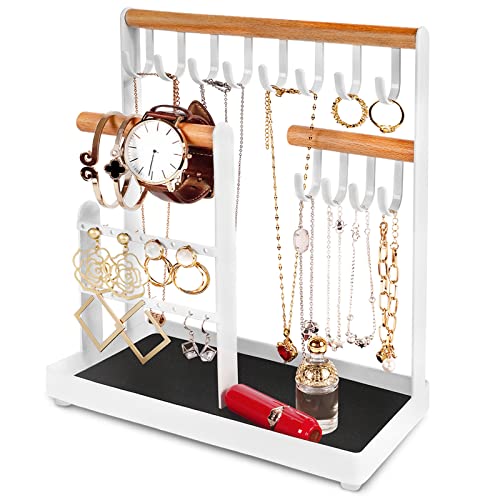 Jewelry Organizer Stand Holder, Metal and Wood 3 Tier White Jewelry Display Earring Organizer Ring Tray and Hooks Stand Storage Necklaces Bracelets Rings Watches Jewelry Towers for Women Girls Gift