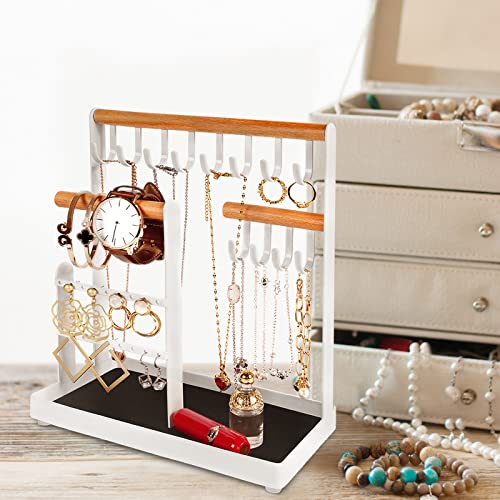 Jewelry Organizer Stand Holder, Metal and Wood 3 Tier White Jewelry Display Earring Organizer Ring Tray and Hooks Stand Storage Necklaces Bracelets Rings Watches Jewelry Towers for Women Girls Gift