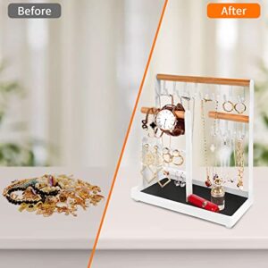 Jewelry Organizer Stand Holder, Metal and Wood 3 Tier White Jewelry Display Earring Organizer Ring Tray and Hooks Stand Storage Necklaces Bracelets Rings Watches Jewelry Towers for Women Girls Gift