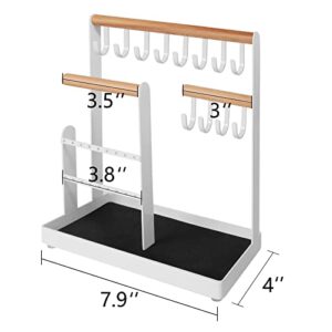 Jewelry Organizer Stand Holder, Metal and Wood 3 Tier White Jewelry Display Earring Organizer Ring Tray and Hooks Stand Storage Necklaces Bracelets Rings Watches Jewelry Towers for Women Girls Gift