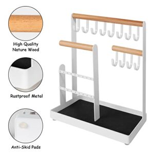 Jewelry Organizer Stand Holder, Metal and Wood 3 Tier White Jewelry Display Earring Organizer Ring Tray and Hooks Stand Storage Necklaces Bracelets Rings Watches Jewelry Towers for Women Girls Gift