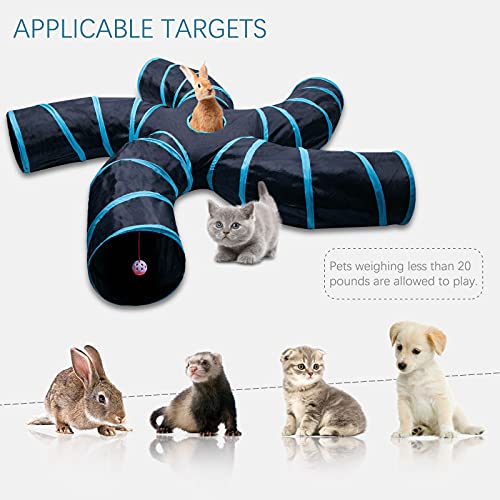 EGETOTA Cat Tunnel for Indoor Cats Large, with Play Ball S-Shape 5 Way Collapsible Interactive Peek Hole Pet Tube Toys, Puppy, Kitty, Kitten, Rabbit (Blue & Black)