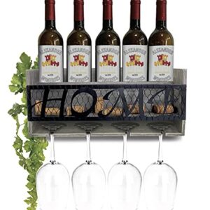 CoTa Global Modern Grey Wall Mounted Wine Rack - Wooden Wine Bottle Holder for 5 Bottles & 4 Wine Glasses with Cork Storage, Hanging Metal Home Sign & Organizer Wood Shelf for Wine Bar & Home Décor