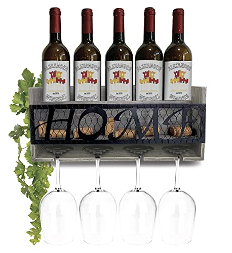 CoTa Global Modern Grey Wall Mounted Wine Rack - Wooden Wine Bottle Holder for 5 Bottles & 4 Wine Glasses with Cork Storage, Hanging Metal Home Sign & Organizer Wood Shelf for Wine Bar & Home Décor