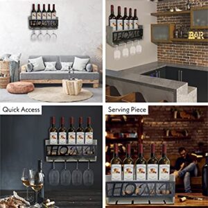 CoTa Global Modern Grey Wall Mounted Wine Rack - Wooden Wine Bottle Holder for 5 Bottles & 4 Wine Glasses with Cork Storage, Hanging Metal Home Sign & Organizer Wood Shelf for Wine Bar & Home Décor