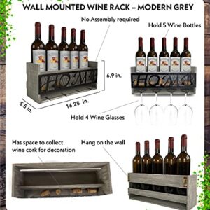 CoTa Global Modern Grey Wall Mounted Wine Rack - Wooden Wine Bottle Holder for 5 Bottles & 4 Wine Glasses with Cork Storage, Hanging Metal Home Sign & Organizer Wood Shelf for Wine Bar & Home Décor